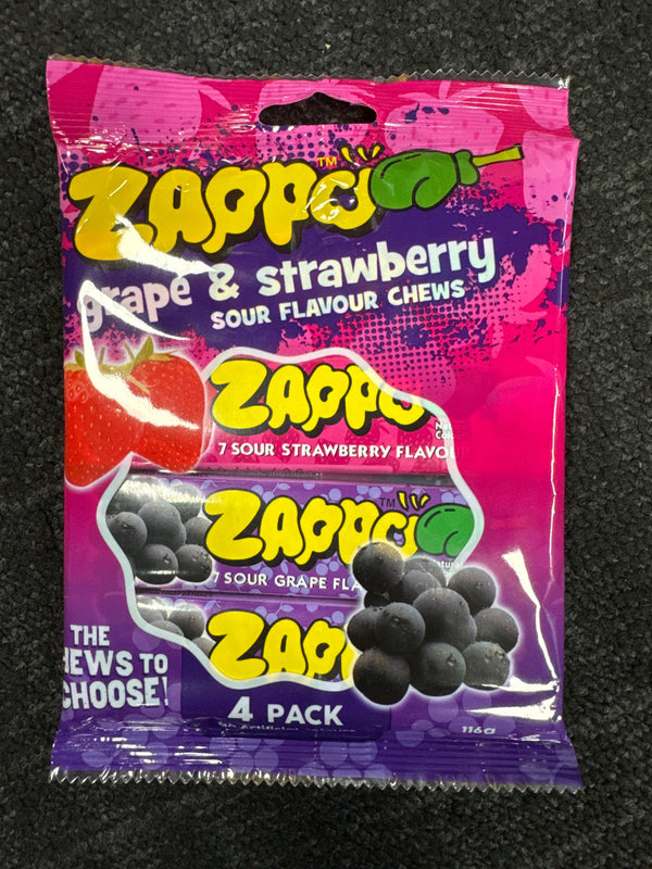 Zappo Grape & Strawberry 4 Pack 116g – Tom's Confectionery Warehouse