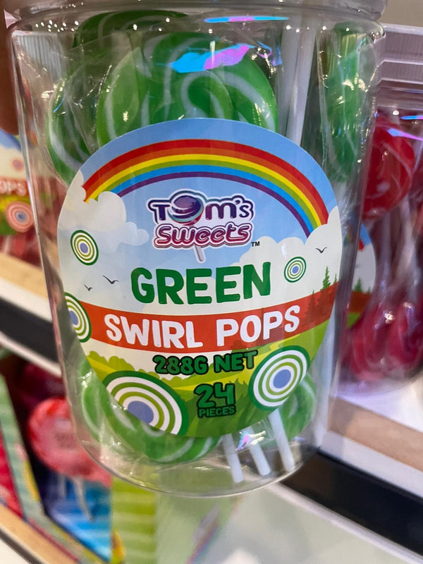 Tom's Sweets green swirl pops in tub 12g x 24 pieces – Tom's ...