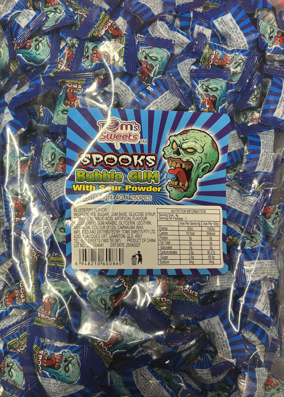 Spooks Blueberry Bubble Gum with sour powder 1kg – Tom's Confectionery ...