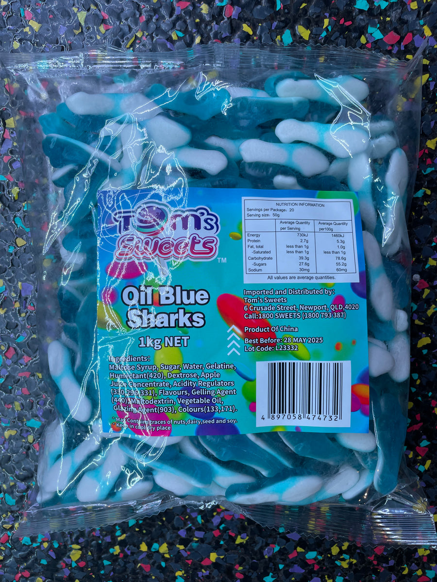 Tom’s sweets - Oiled Blue Sharks 1kg – Tom's Confectionery Warehouse