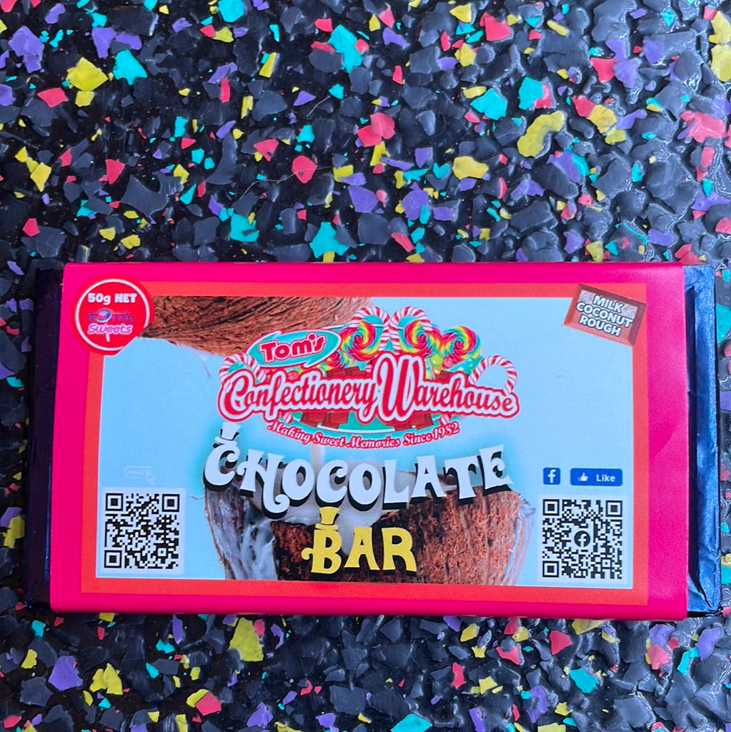 TOM'S CHOCOLATE BAR - MILK COCONUT ROUGH 50G – Tom's Confectionery ...